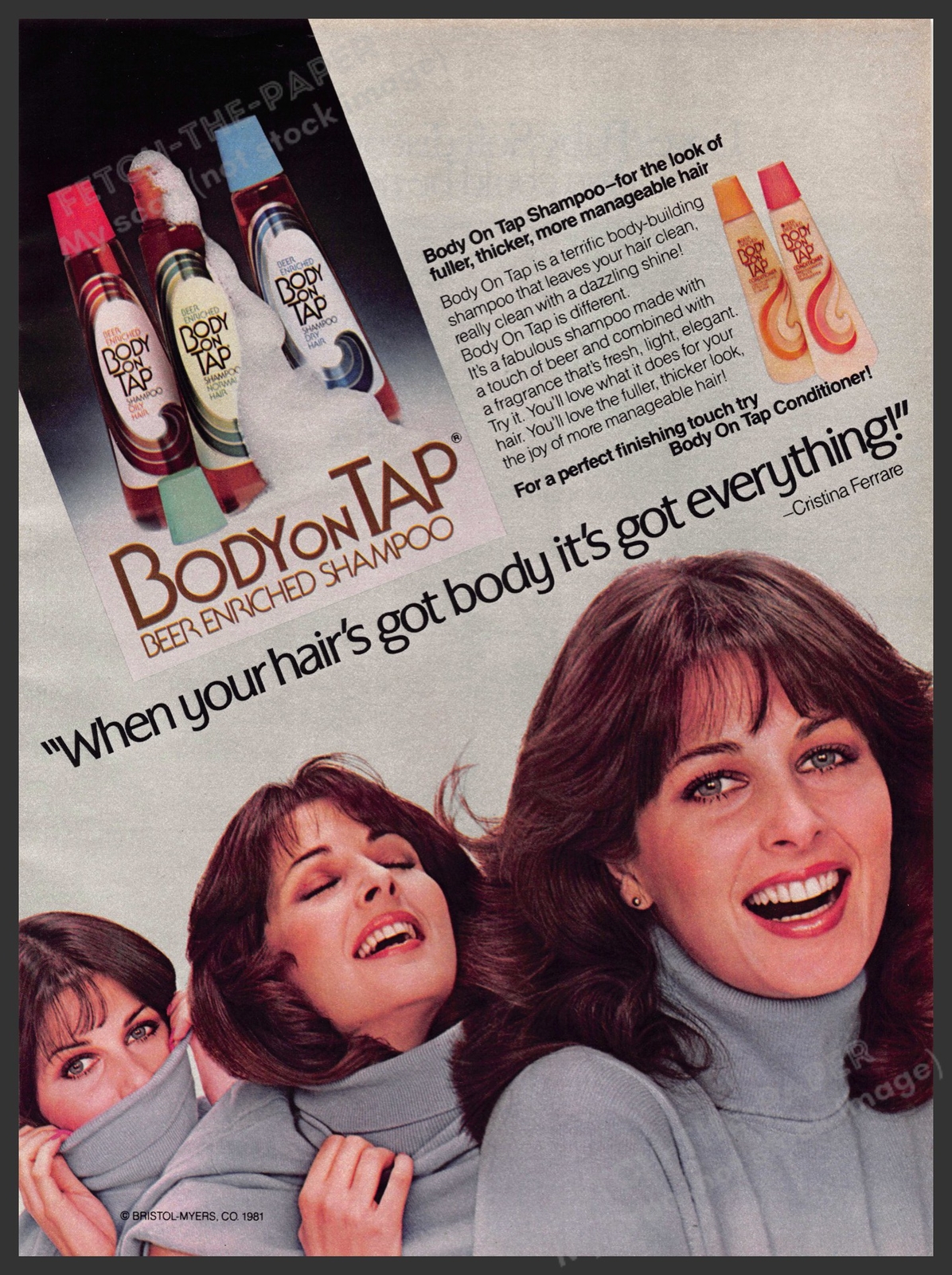 Body on Tap Cristina Ferrare 1980s Print Advertisement 1981 Hair ...