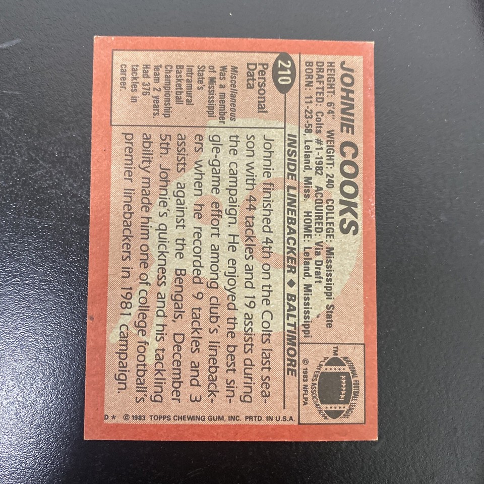 JOHNIE COOKS 1983 Card Topps #210 Rookie Rc Mississippi State BALTIMORE ...