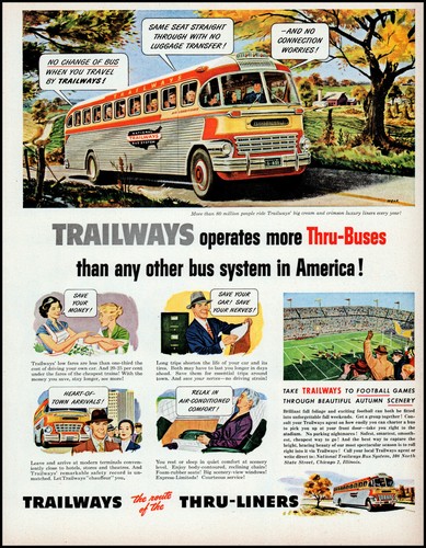 1951 Trailways Bus thru-liners farm land football game retro art print ...