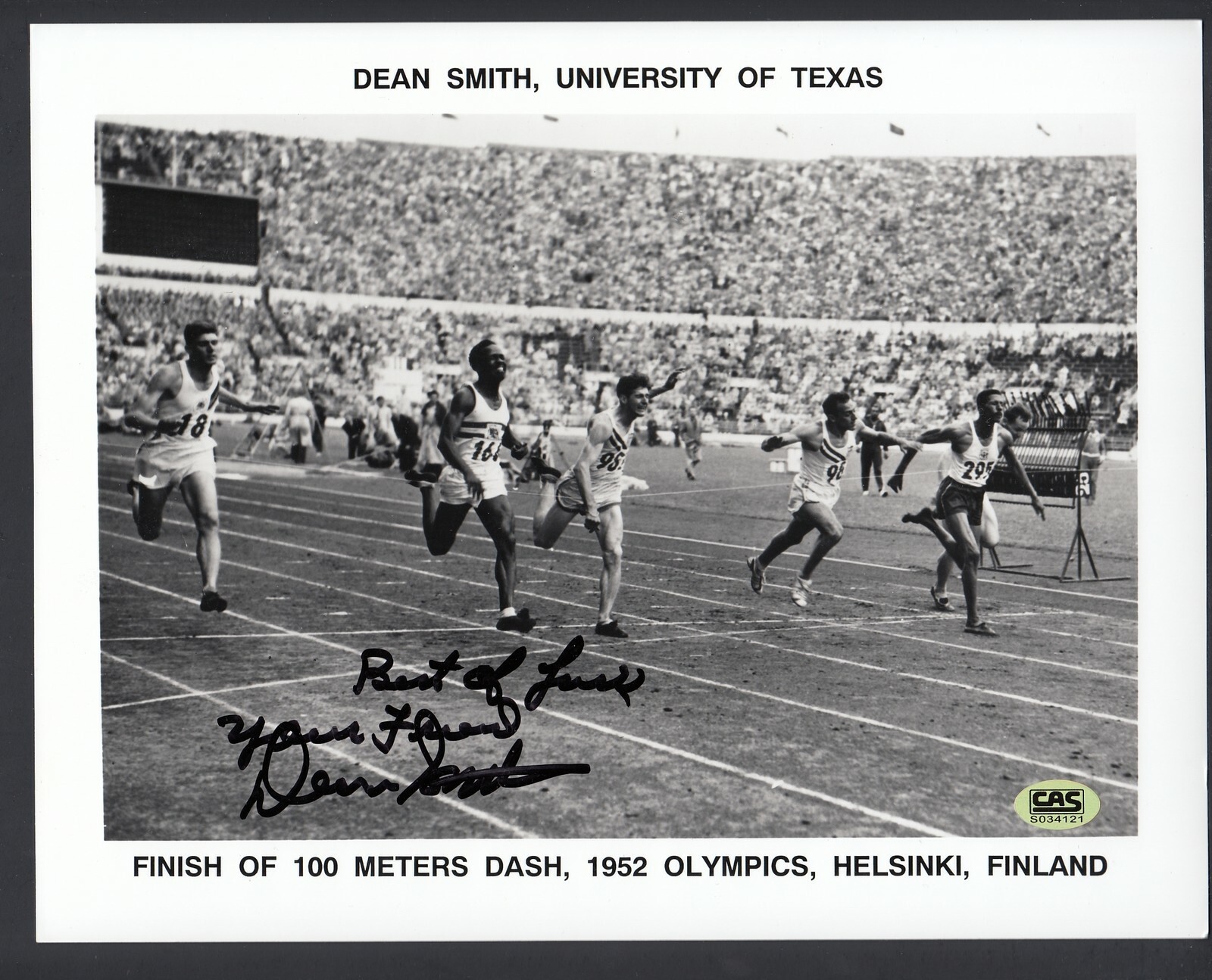 Dean Smith 1952 Olympic Gold Metal Autographed 8x10 B/W Photo CAS ...