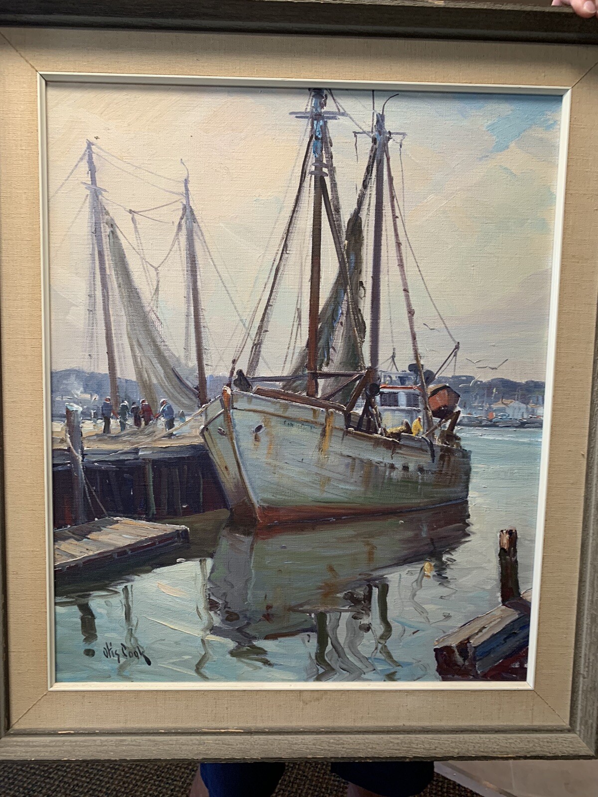 Rare Otis Cook Oil Painting Of Two Ships In Either Gloucester Or ...