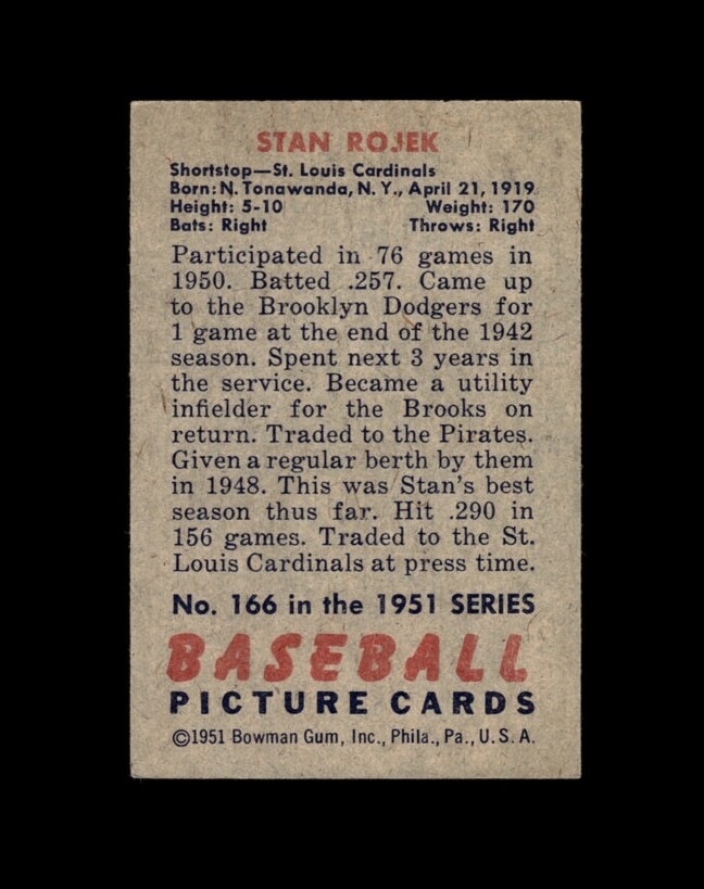 1951 Bowman Set-Break #166 Stan Rojek VG-VGEX *GMCARDS* | eBay
