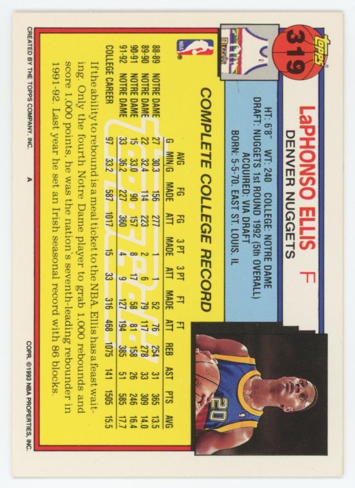 1992-93 Topps Gold LaPhonso Ellis Rookie Denver Nuggets #319 | eBay