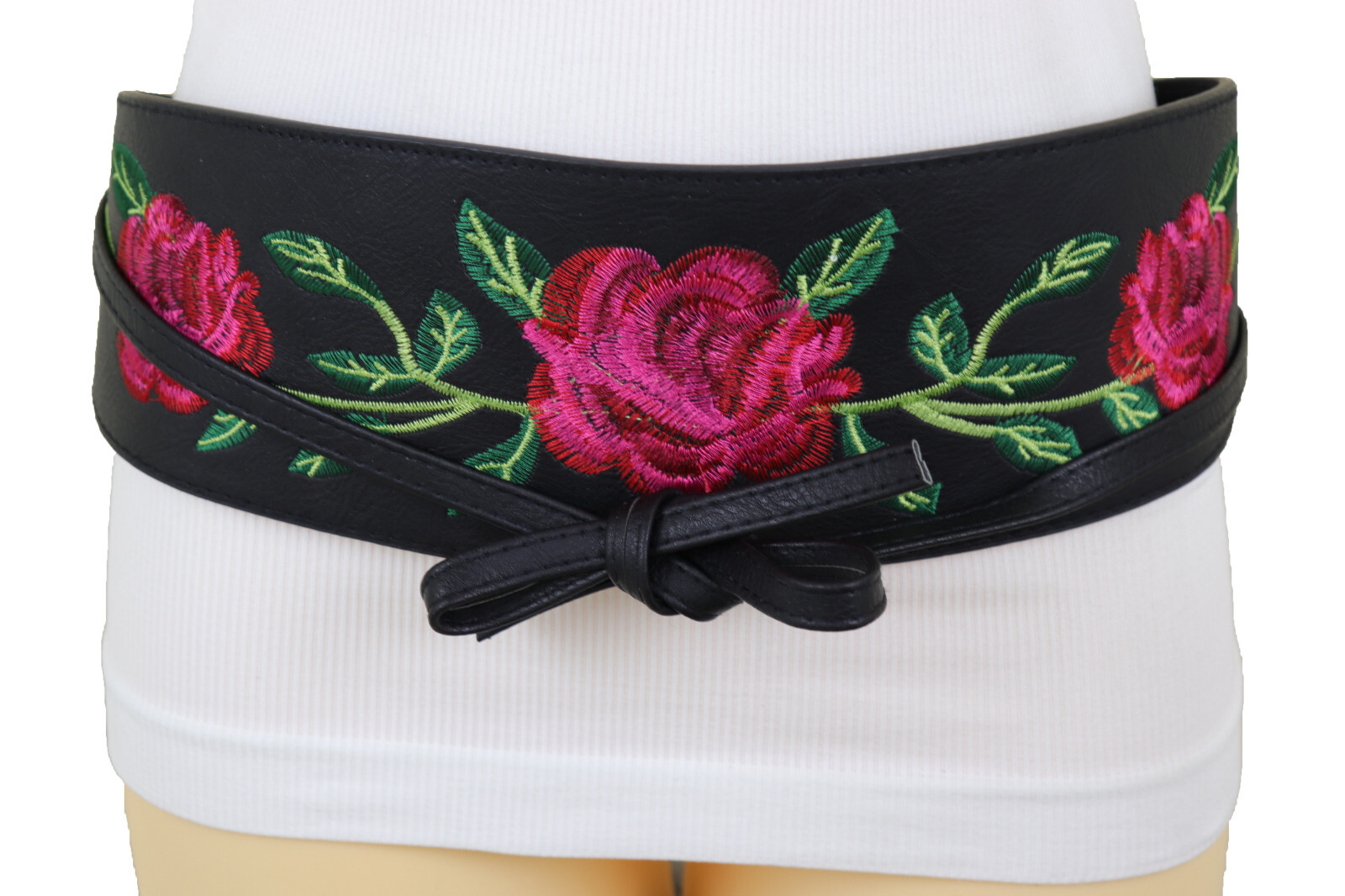 Women Black Faux Leather Wrap Dress Up Wide Belt Red Rose Embroidery ...
