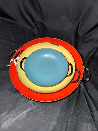Set 3 Nesting Orange Yellow Blue SIZZLING SERVERS Handled Enameled Pans ...