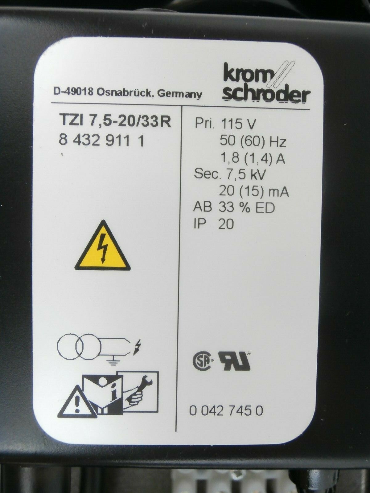 Kromschroder 84391030 Ignition Unit TGI 7,5-20/33R TZI 7,5-20/33R ...