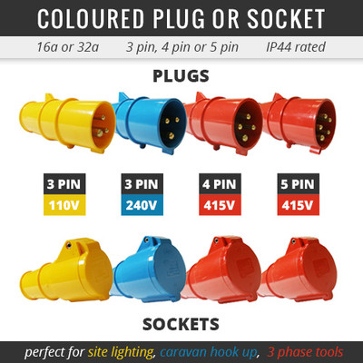 CHOICE OF COLOURED PLUGS AND SOCKETS 16A-32A 110V-415V EXTENSION LEAD ...