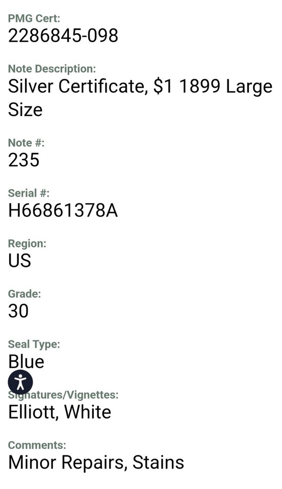 1899 $1 Silver Certificate FR-235 Black Eagle PMG 30 H66861378A V Fine ...