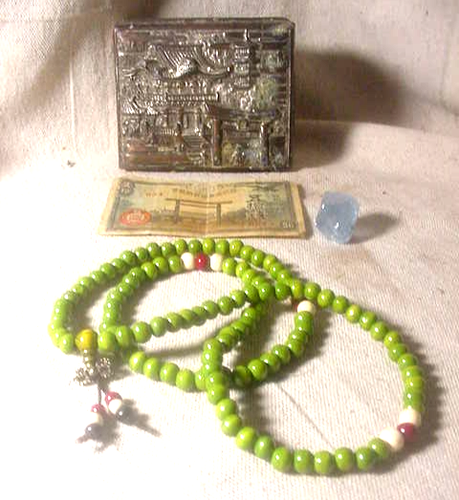 old Japanese temple bless offering box Japan 50 Sen bill Celestite mala ...