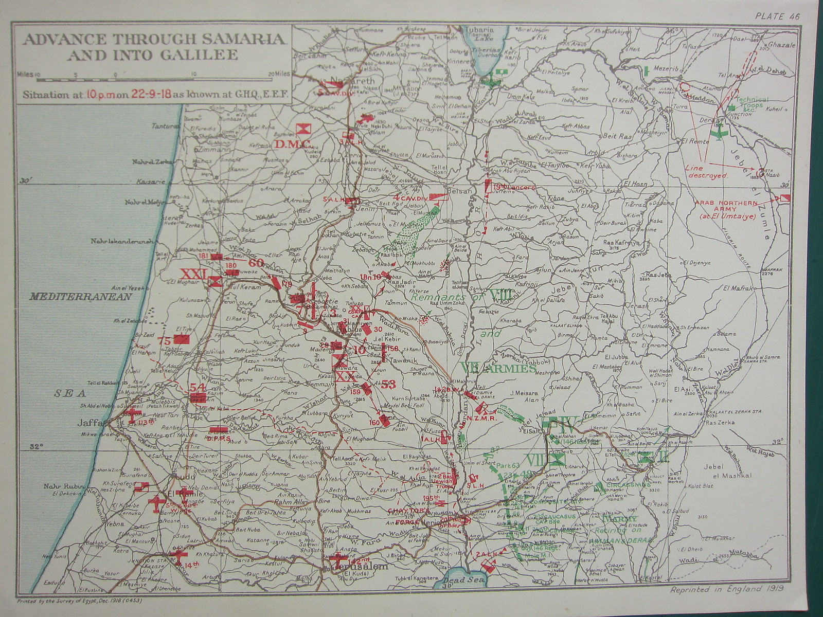 1918 WW1 MAP EGYPTIAN EXPEDITIONARY FORCE ADVANCE SAMARIA TO GALILEE 22 ...