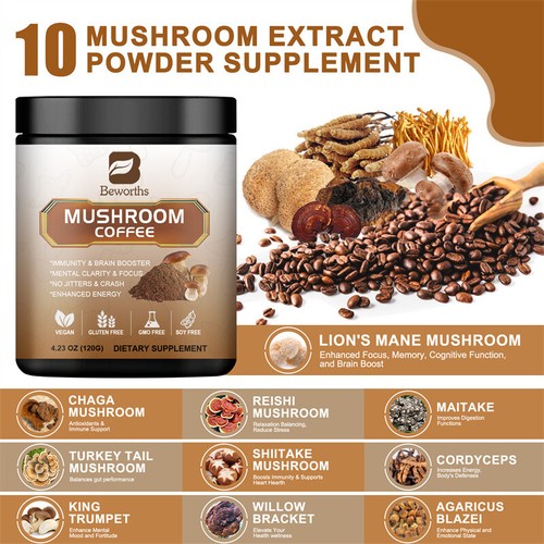 Organic 10 Mushroom Coffee Powder- Lions Mane Chaga Reishi Brain Memory ...