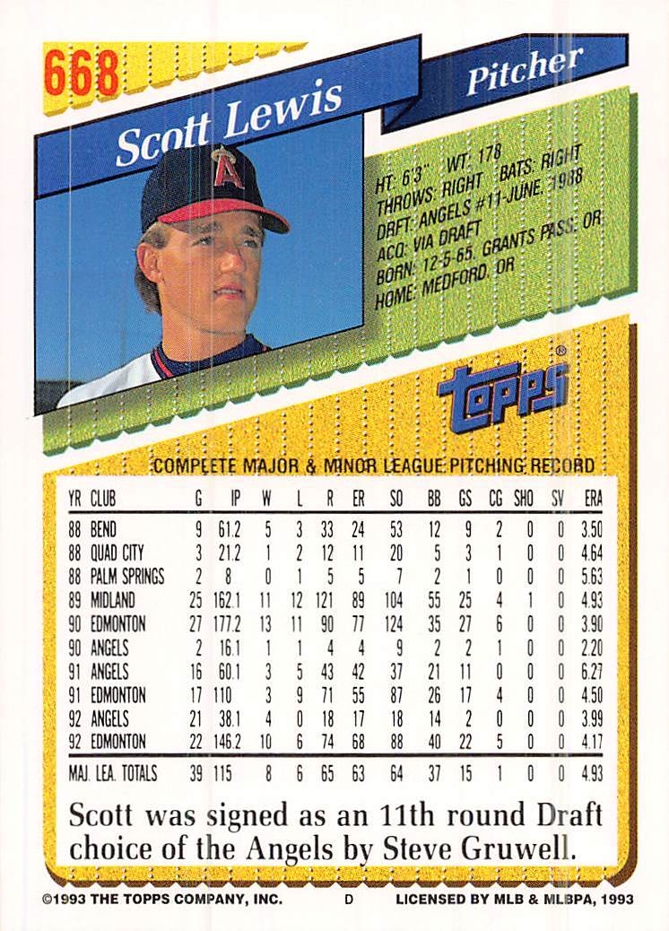 Scott Lewis 1993 Topps 668 California Angels Baseball Card | eBay