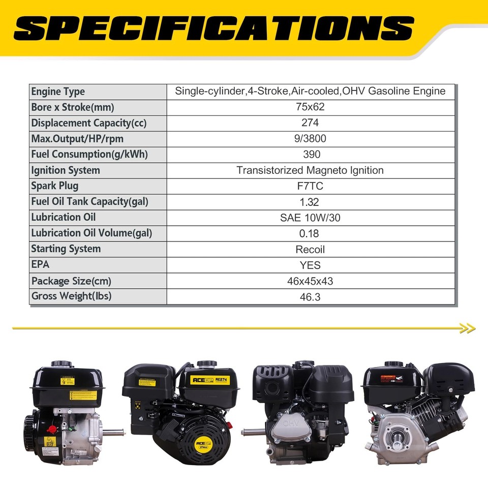 9HP 274cc 4-Stroke OHV Horizontal Gas Engine, 1" (25mm) Shaft, New ...
