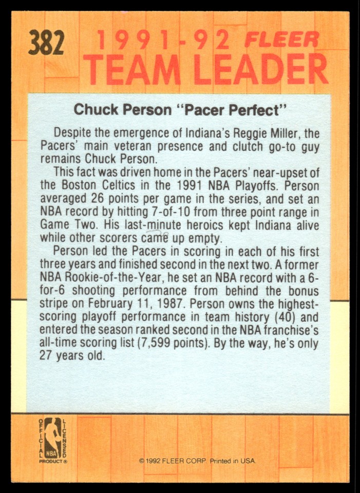 1991 Fleer #382 Chuck Person Team Leader Indiana Pacers | eBay