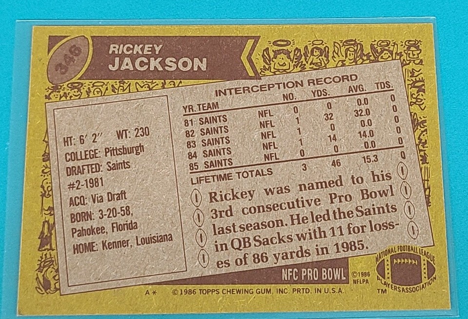 1986 Topps #346 Rickey Jackson New Orleans Saints Football Card L5 | eBay
