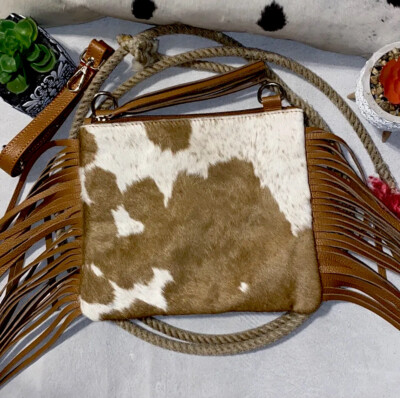 Real Cowhide Crossbody Purse Handbag Leather Hair On With Fringes ...