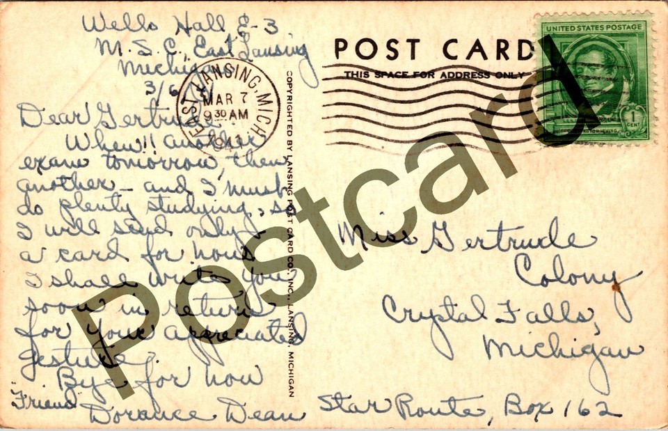 1941 EAST LANSING MI, Mary Mayo Hall, Michigan State College, postcard ...