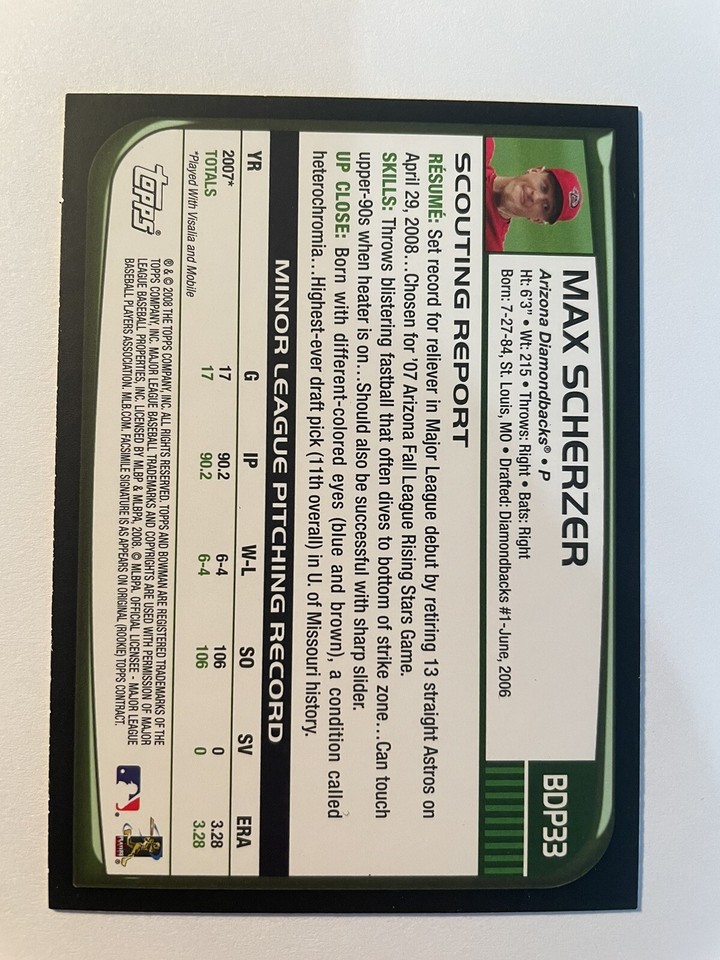 🔥2008 Bowman Draft MAX SCHERZER Rookie Card #BDP33 RC - Arizona ...