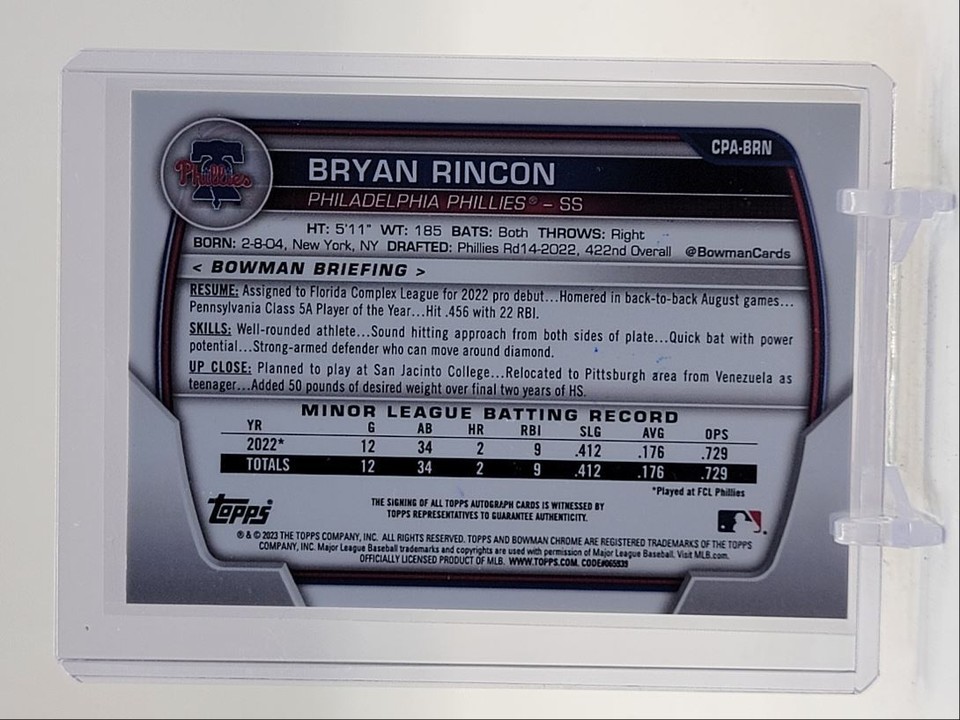 BRYAN RINCON 2023 BOWMAN CHROME 1ST SPECKLE AUTOGRAPH AUTO /299 Q1547 | eBay