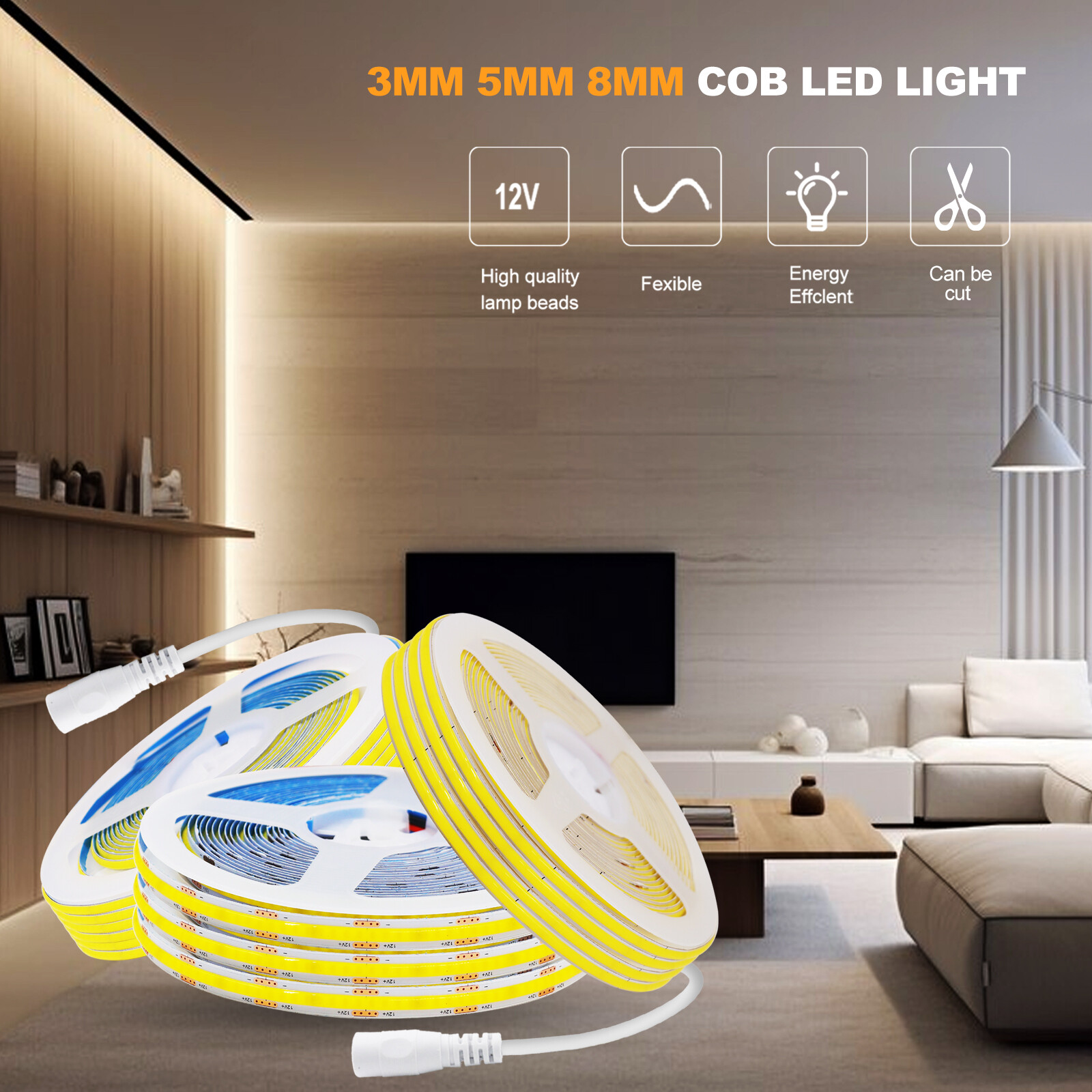 3mm 5mm 8mm COB LED Streifen WW/NW/CW 5V 12V 24V Band Leiste Stripe ...