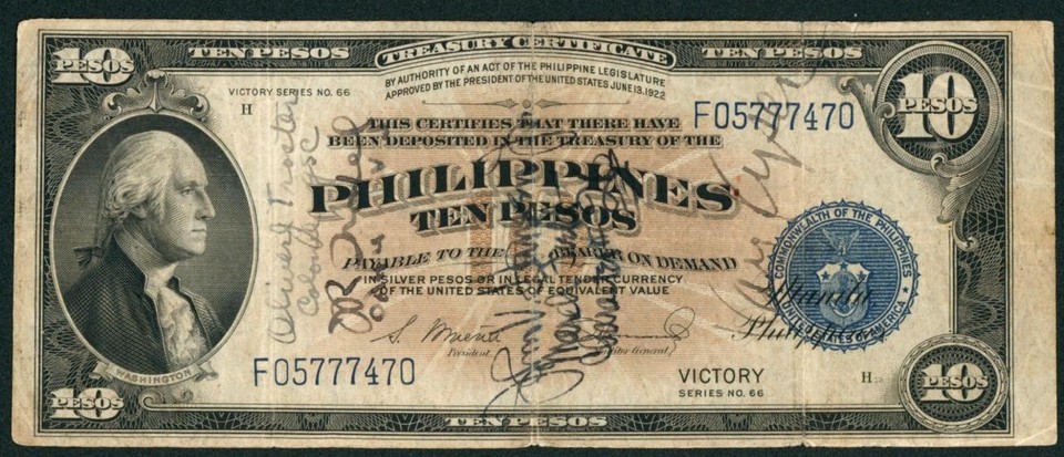 (SHORT SNORTER) 10 Pesos 1944 Philippines Peso Victory Series 66 ...