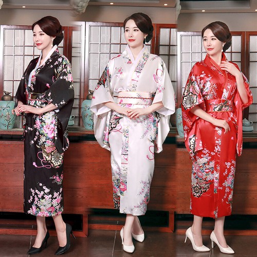 Japanese Traditional Kimono Robes Chinese Silk Satin Wafuku Women Sleep ...