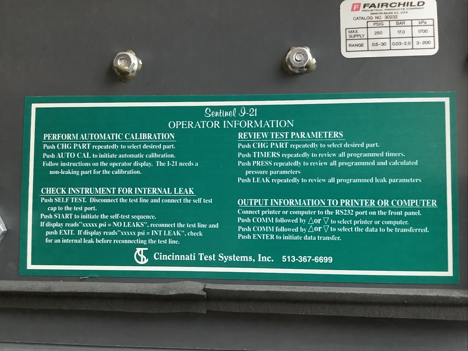 CINCINNATI TEST SYSTEMS I-21 PRESSURE DECAY LEAK TESTER | eBay