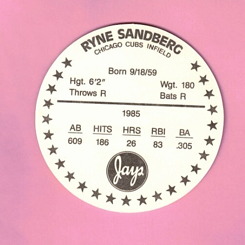 Ryne Sandberg 1986 Jays Potato Chips Disc Cubs HOF NM OV129 | eBay