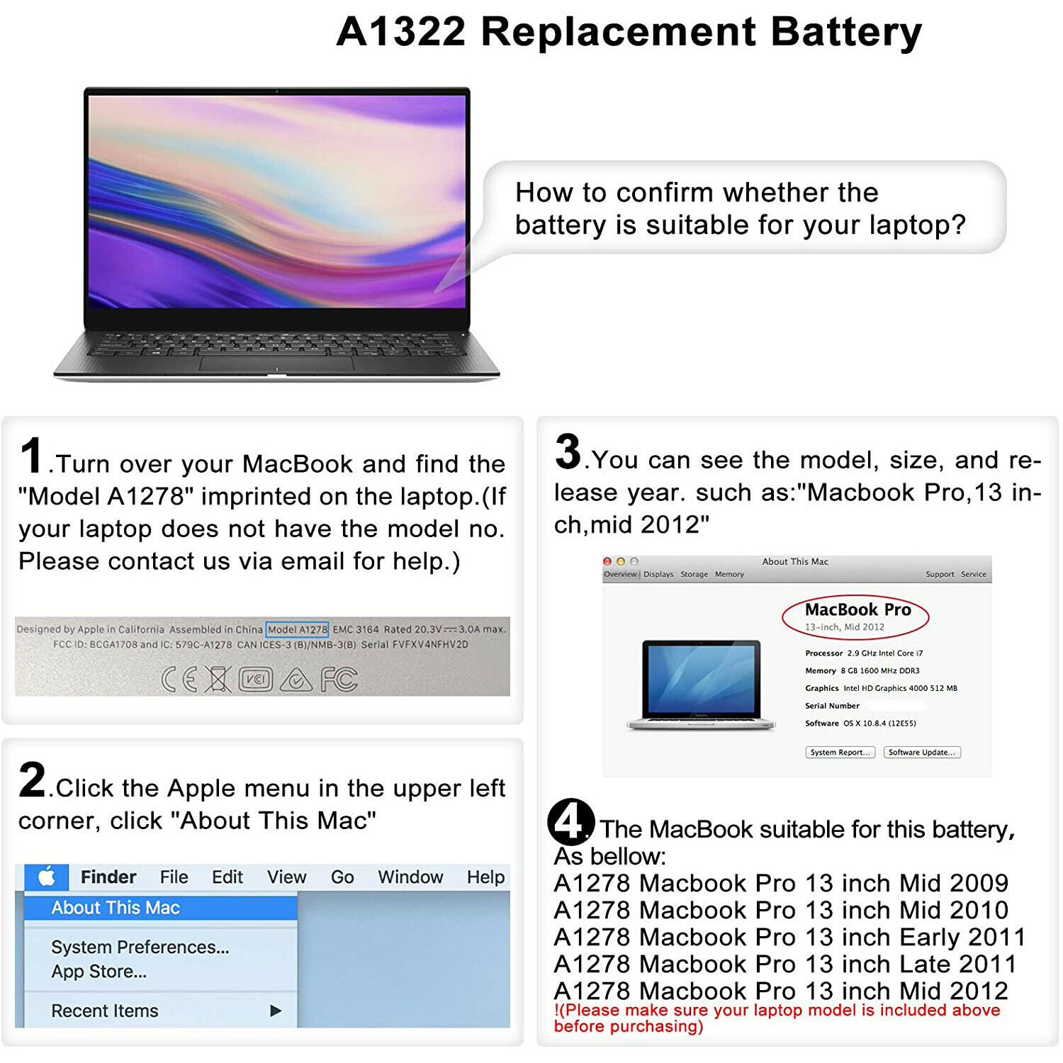 A1322 Battery For Apple MacBook Pro 13" A1278 (2009-2012 Version) 3ICP5 ...