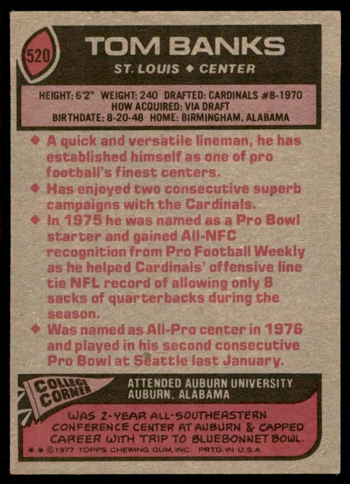 1977 Topps Tom Banks Football Card St. Louis Cardinals #520 | eBay