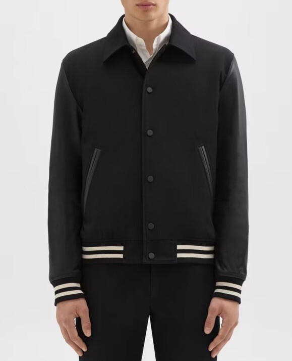 $895 Theory Varsity Jacket Textured Gabardine Lamb Leather Sleeves ...