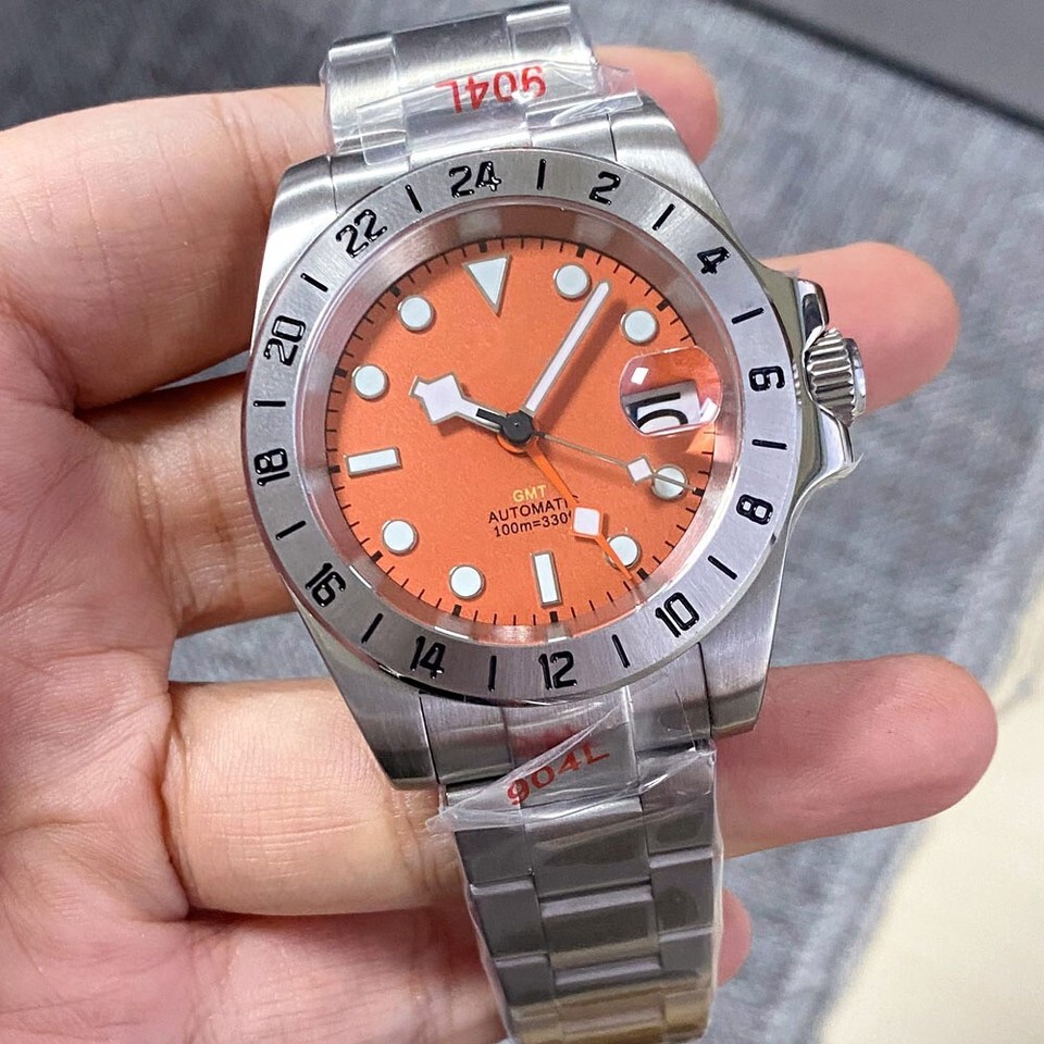 200M Water Resistant Dive Automatic Watch Men Orange NH34 GMT Steel ...