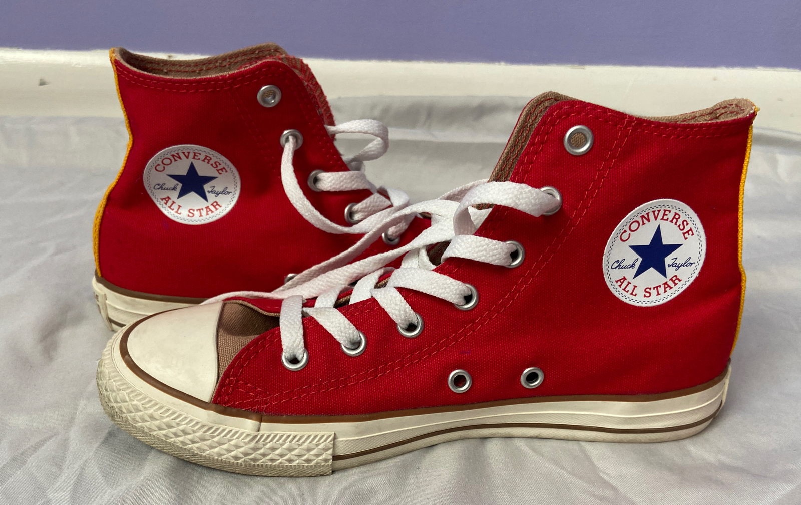 Customized red converse with light brown and yellow a… - Gem