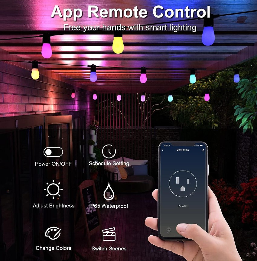 48 Ft Smart Outdoor String Lights RGBCW Color Changing Dimmable Patio ...