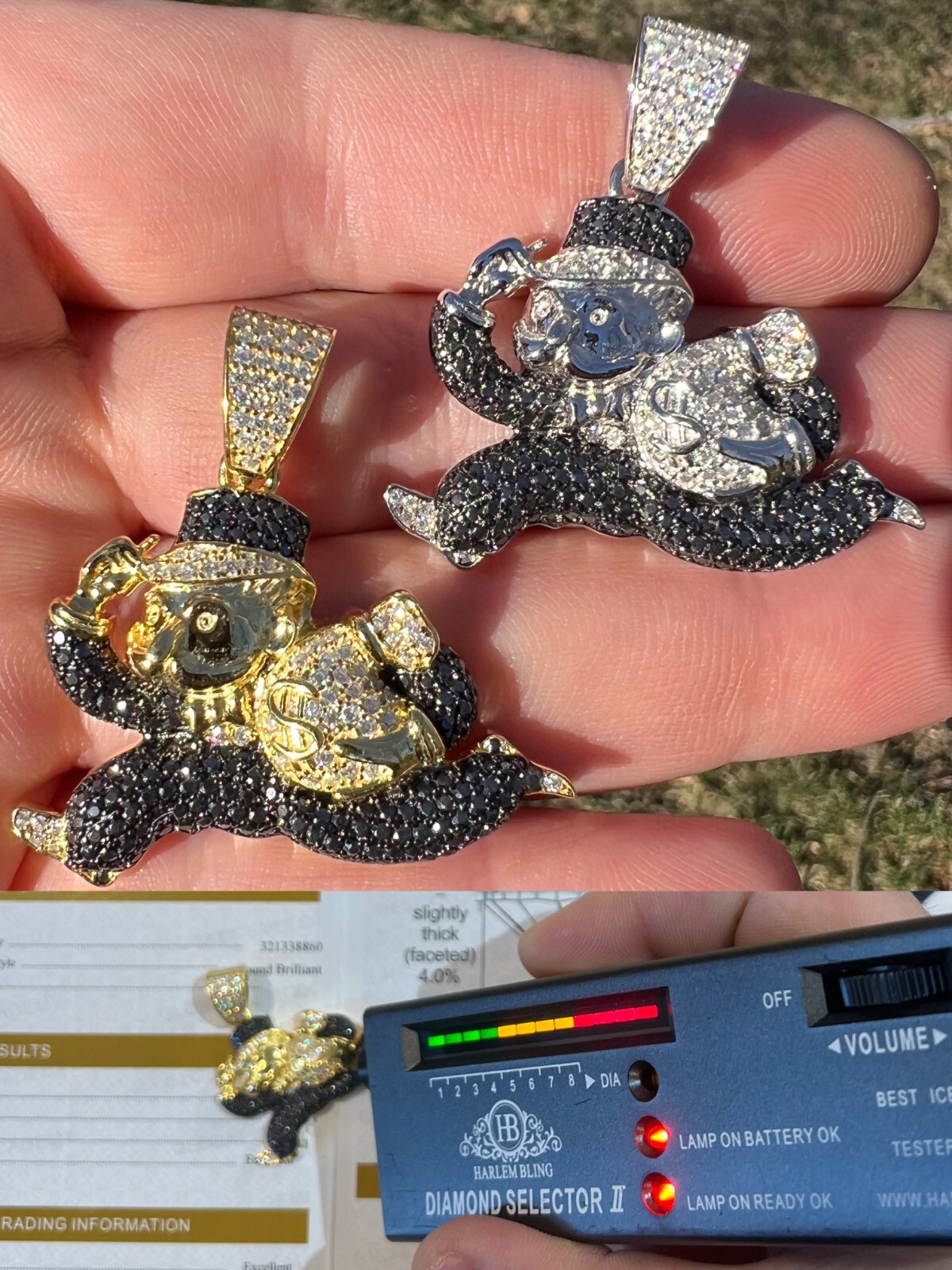 MOISSANITE Iced Real 925 Silver / Gold Monopoly Man Money Bag Necklace ...