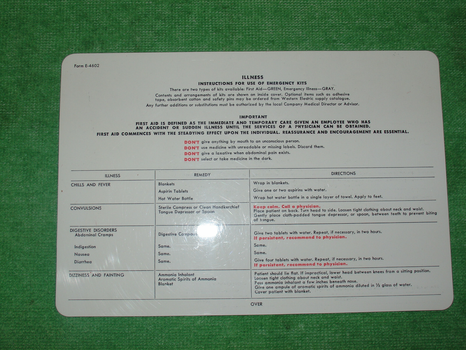 VINTAGE ILLNESS INSTRUCTIONS FOR USE OF EMERGENCY KITS FORM E-4602 | eBay