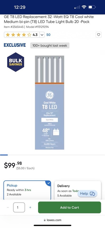 GE T8 LED Replacement 32 -Watt EQ T8 bi-pin (T8) LED Tube Light Bulb 20 ...