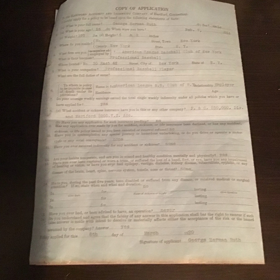 March 1920 Hartford Insurance Contract Babe Ruth Yankees autograph ...