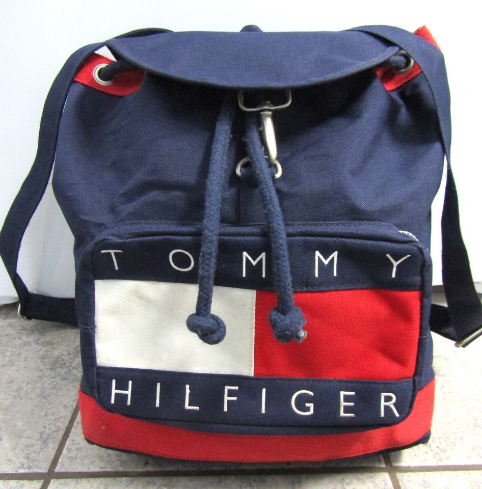 Vtg. 1990s TOMMY HILFIGER Backpack Nap Sack Tote Bag Big Flag Spell Out ...