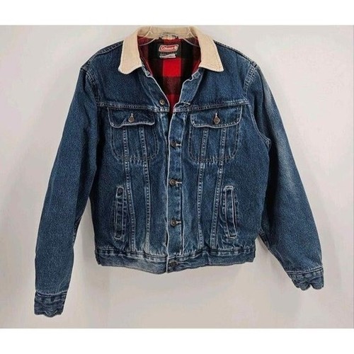 Vintage Coleman Outdoors Plaid Flannel Lined Trucker Blue Jean Jacket ...
