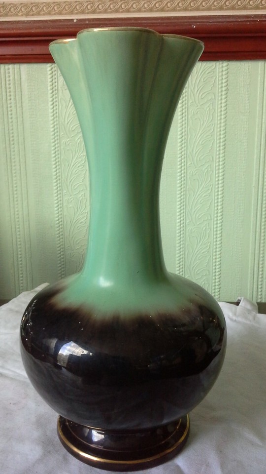 Retro West German FOREIGN Art Pottery VASE - fluted top -Green / Brown ...