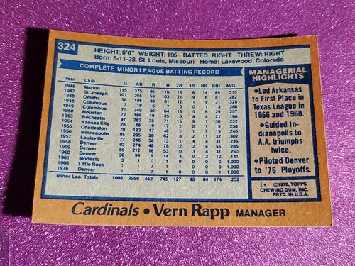 1978 Topps Vern Rapp #324 Rookie St. Louis Cardinals | eBay