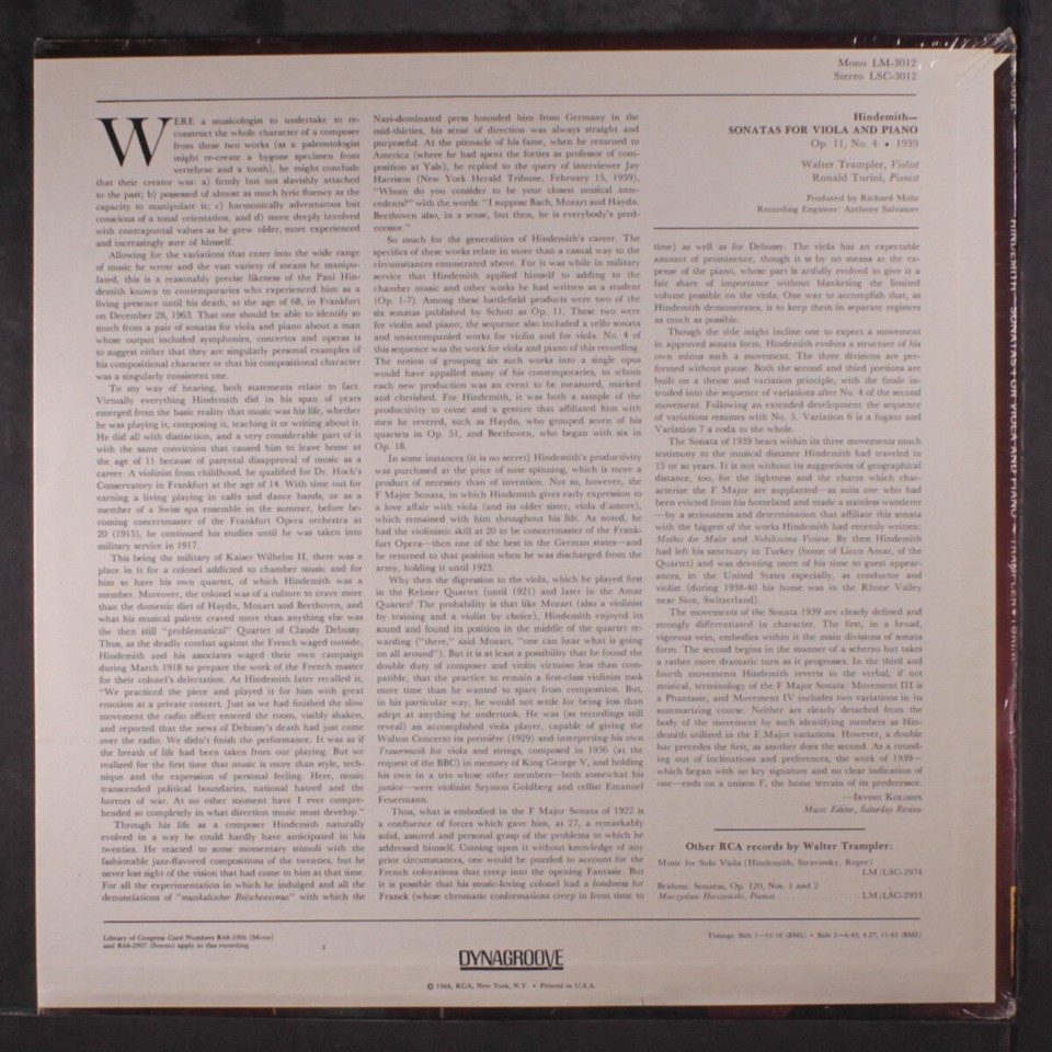 WALTER TRAMPLER & RONALD TURINI: hindemith: sonatas for viola and piano ...