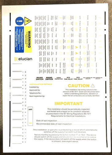 Consumer Unit Fuse Board Label Sheet Stickers MK Wylex BG Hager Fusebox ...
