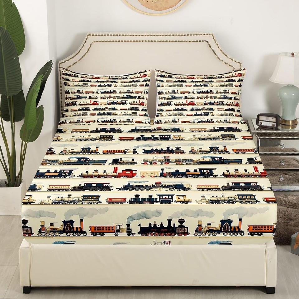 Kids Vintage Train Fitted Sheet Full Size Retro Steam Engine Bed Sheet ...