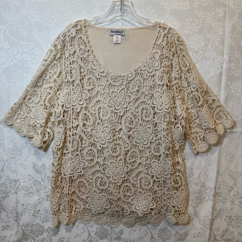 NorthStyle Cream Eyelet Lace Blouse Short Sleeves Lined Women’s plus ...