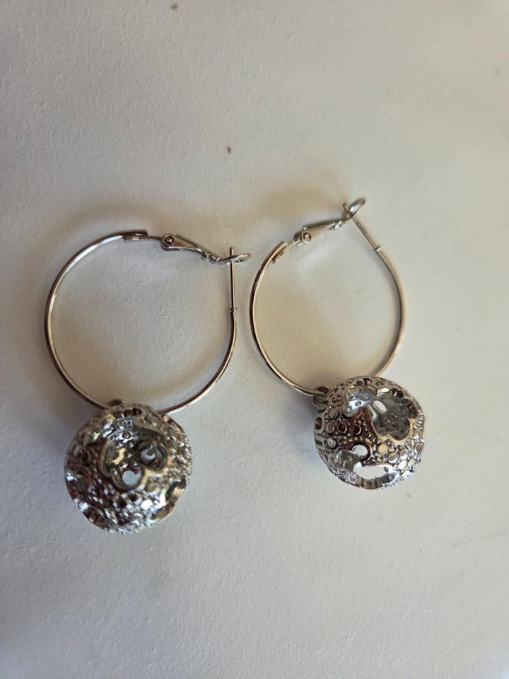 TOUS Silver Tone Hoop Earrings Openwork Ball Charms Rhinestones Dangle ...