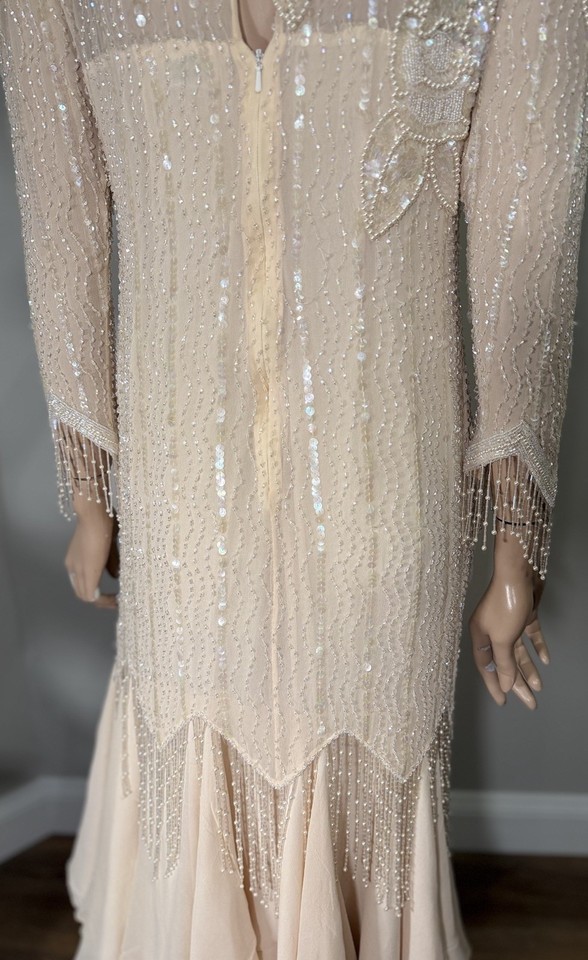 Vintage Oleg Cassini Silk Beaded Art Deco Dress Peach Sequin Fringe | eBay