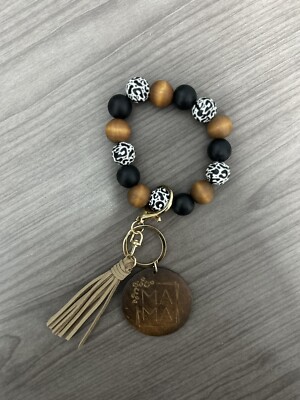 Wooden Beaded Key Ring Bracelet Elastic Beadable Keychain Bracelet ...