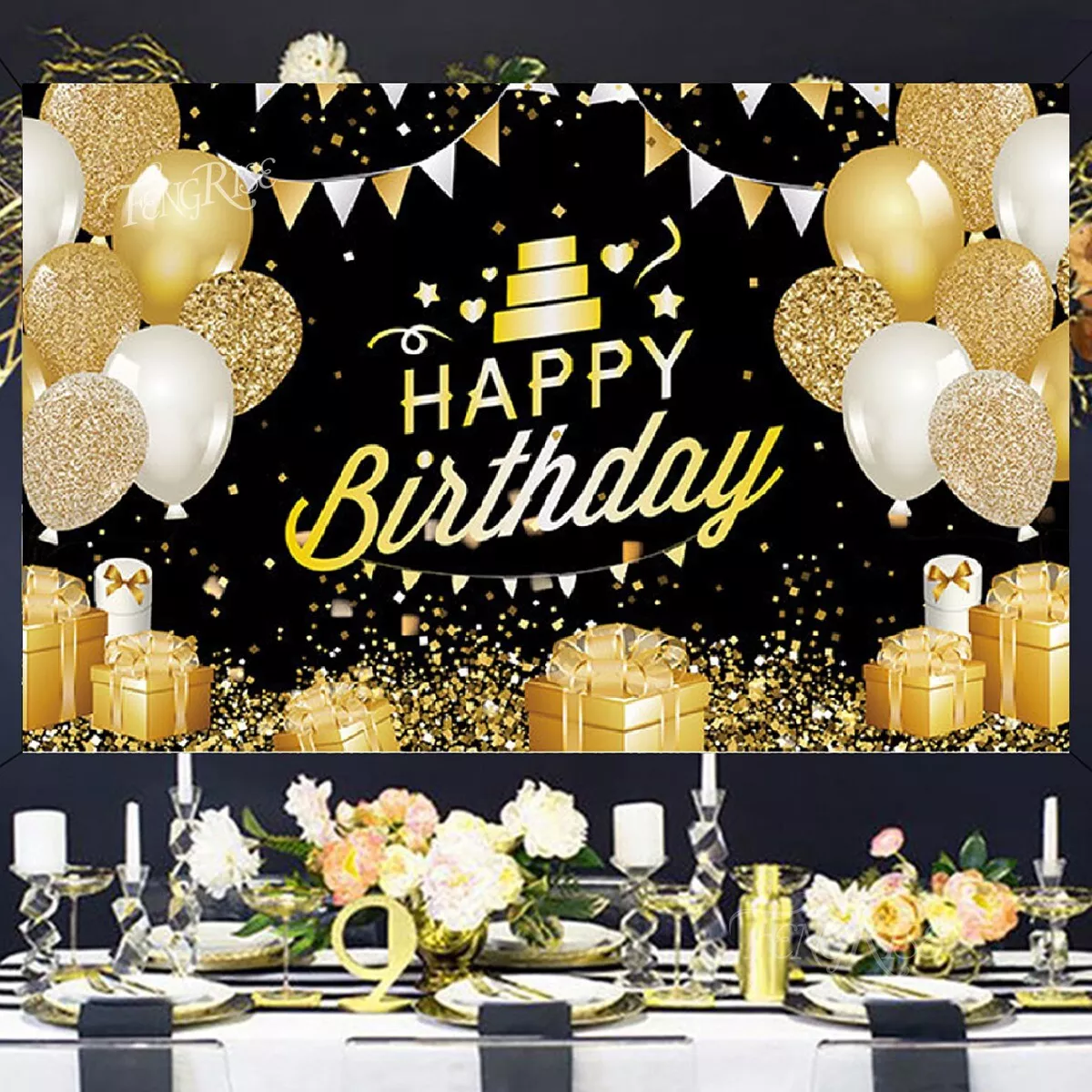 Happy Birthday Party Backdrop Black And Gold Glitter 56 Off